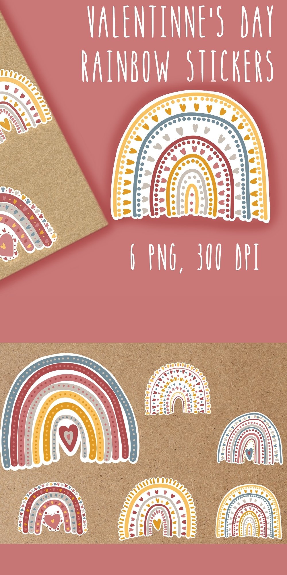 Valentine's day stickers - 6 lovely colourful rainbows