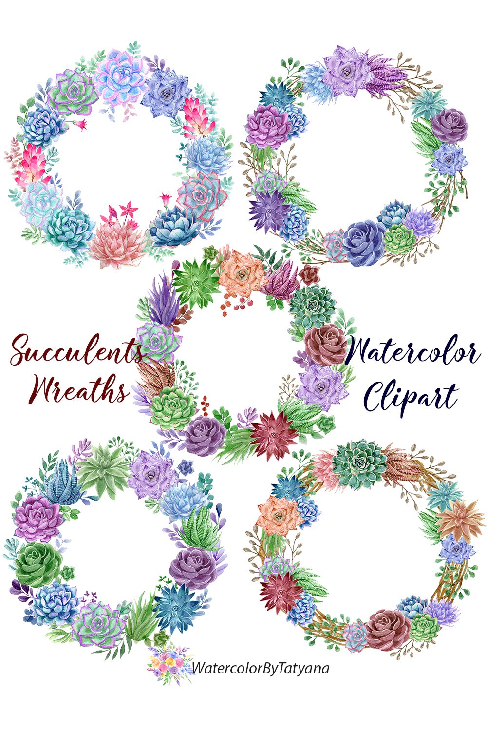 Watercolor wreath of succulents. Watercolor wreaths clipart.
