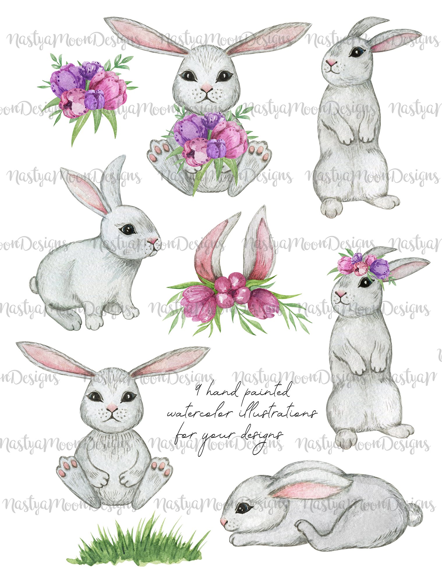 Spring Bunny with flowers Watercolor clipart