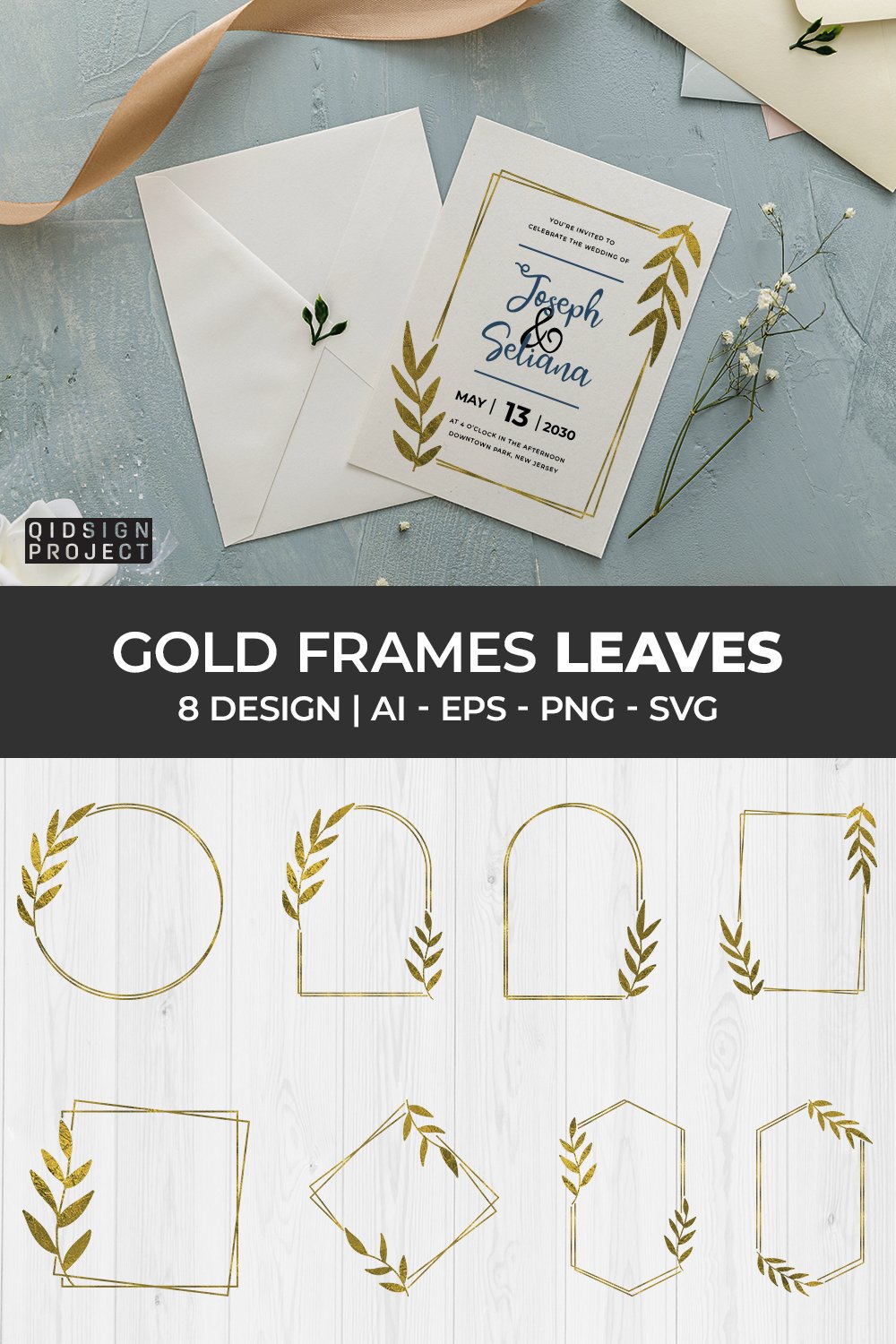 8 Gold Frames Leaves, Geometric Golden Frames Floral