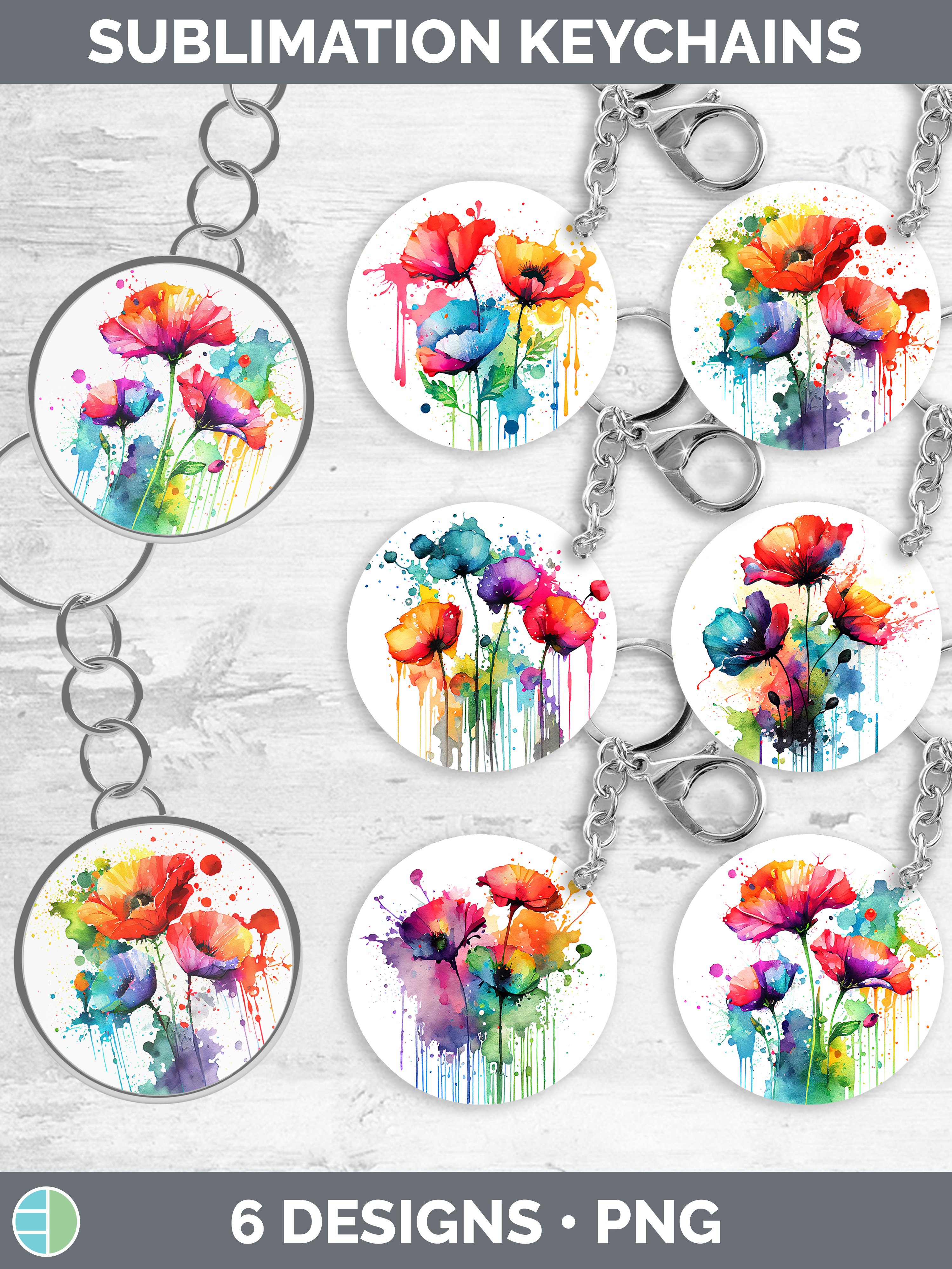 Rainbow Poppy Flowers Keychain | Sublimation Keyring Designs