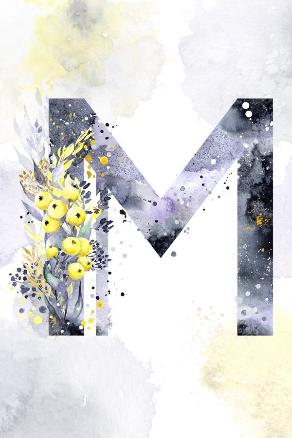 Watercolor Letter, Monogram M. Sublimation Design. JPG, PNG.