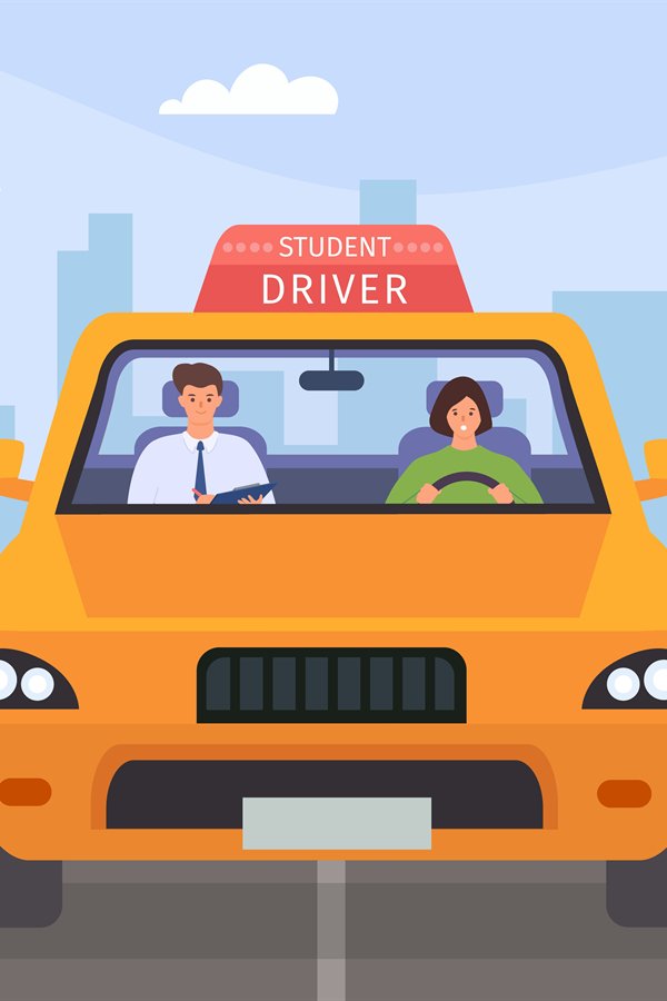 Driving school lesson. Cartoon instructor and female student