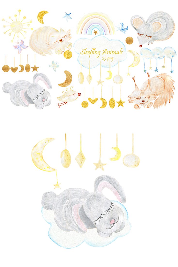 Sleeping animals watercolor clipart 23PNG. 2 set. 5postcard.