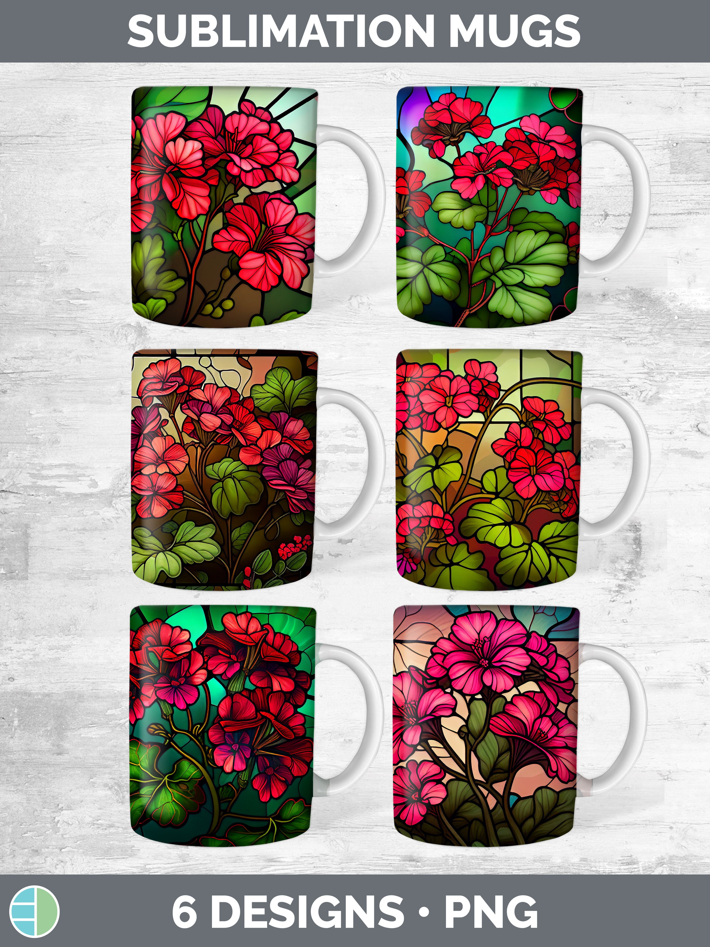 Stained Glass Geranium Flowers Mug Wrap | Sublimation Coffee