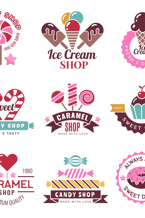 Sweets logo. Badges for candy shop confectionery company lol