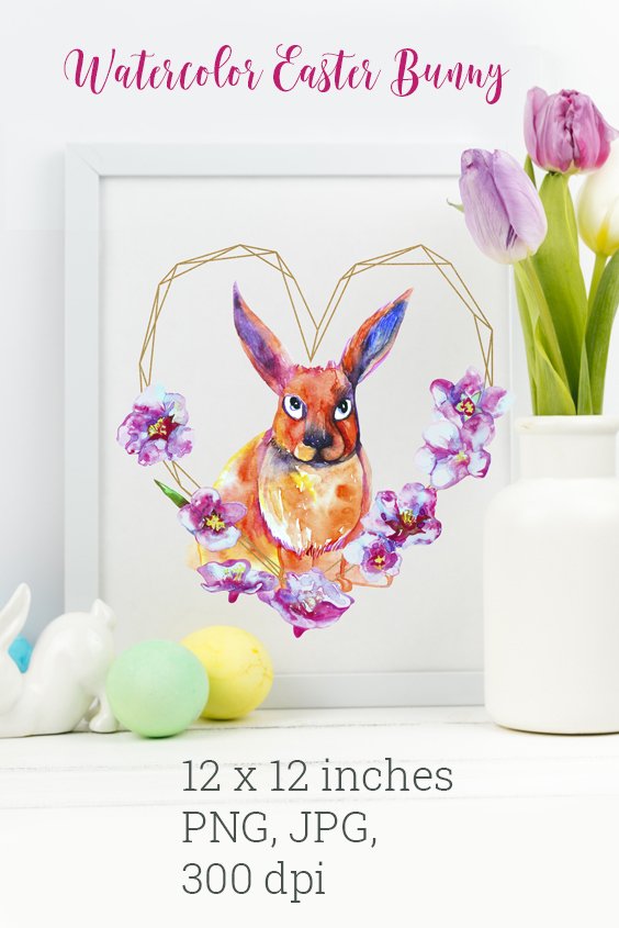 Watercolor Bunny. Easter Bunny. Bunny with Flowers.