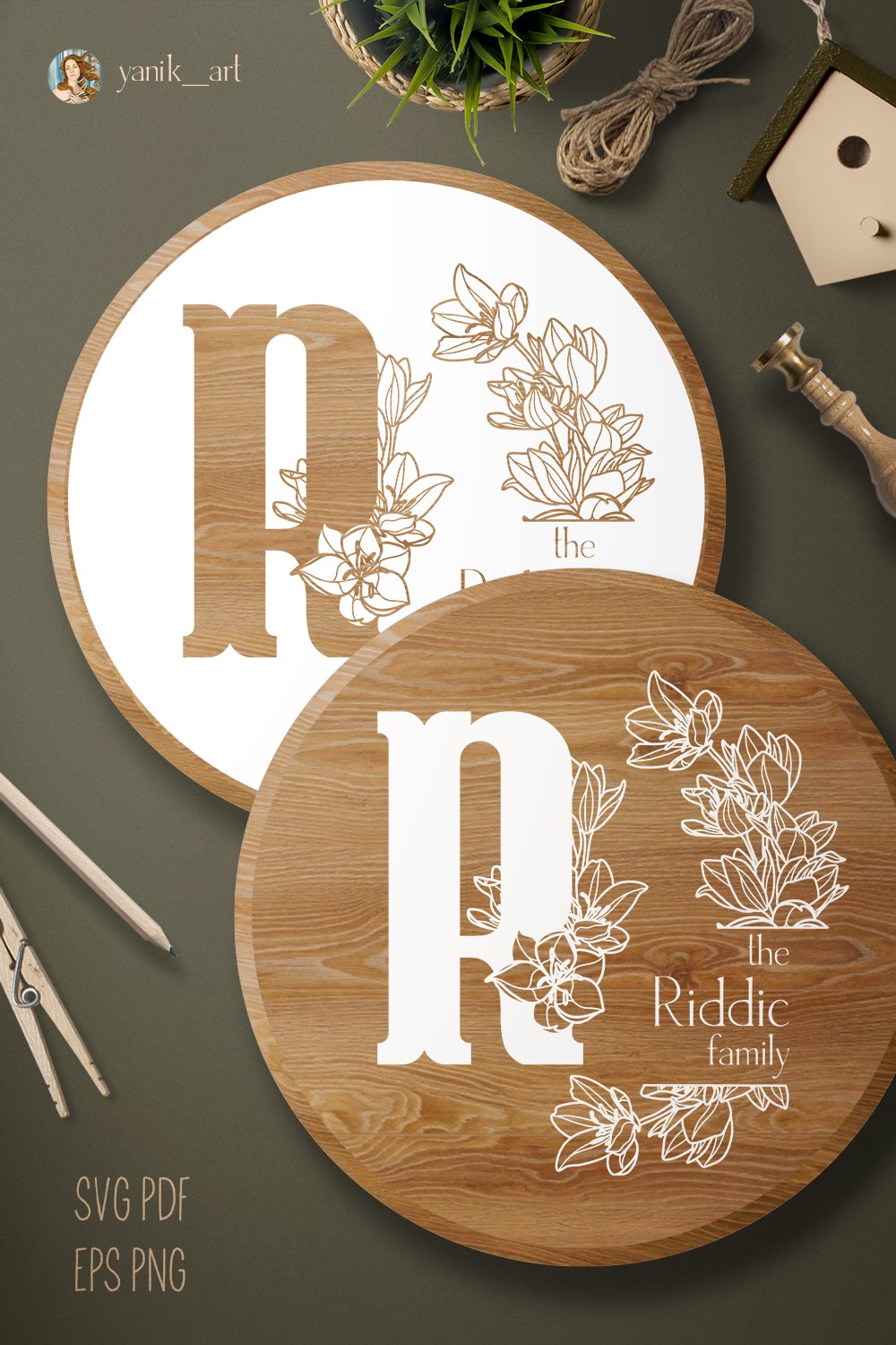 SVG Monogram R with floral wreath for Farmhouse EPS PNG