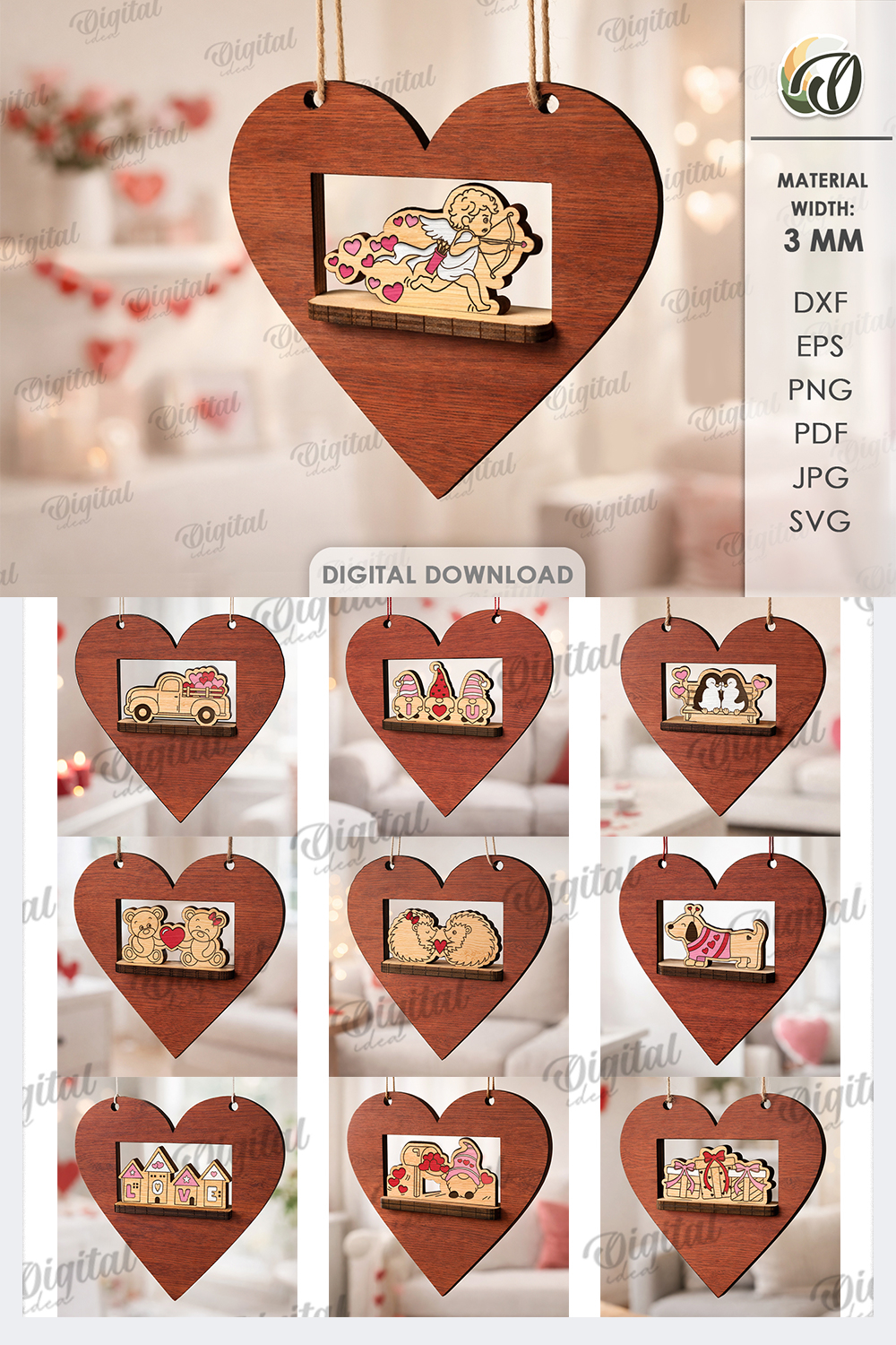 Valentine's Day Heart Decors Bundle Laser Cut. Valentine SVG