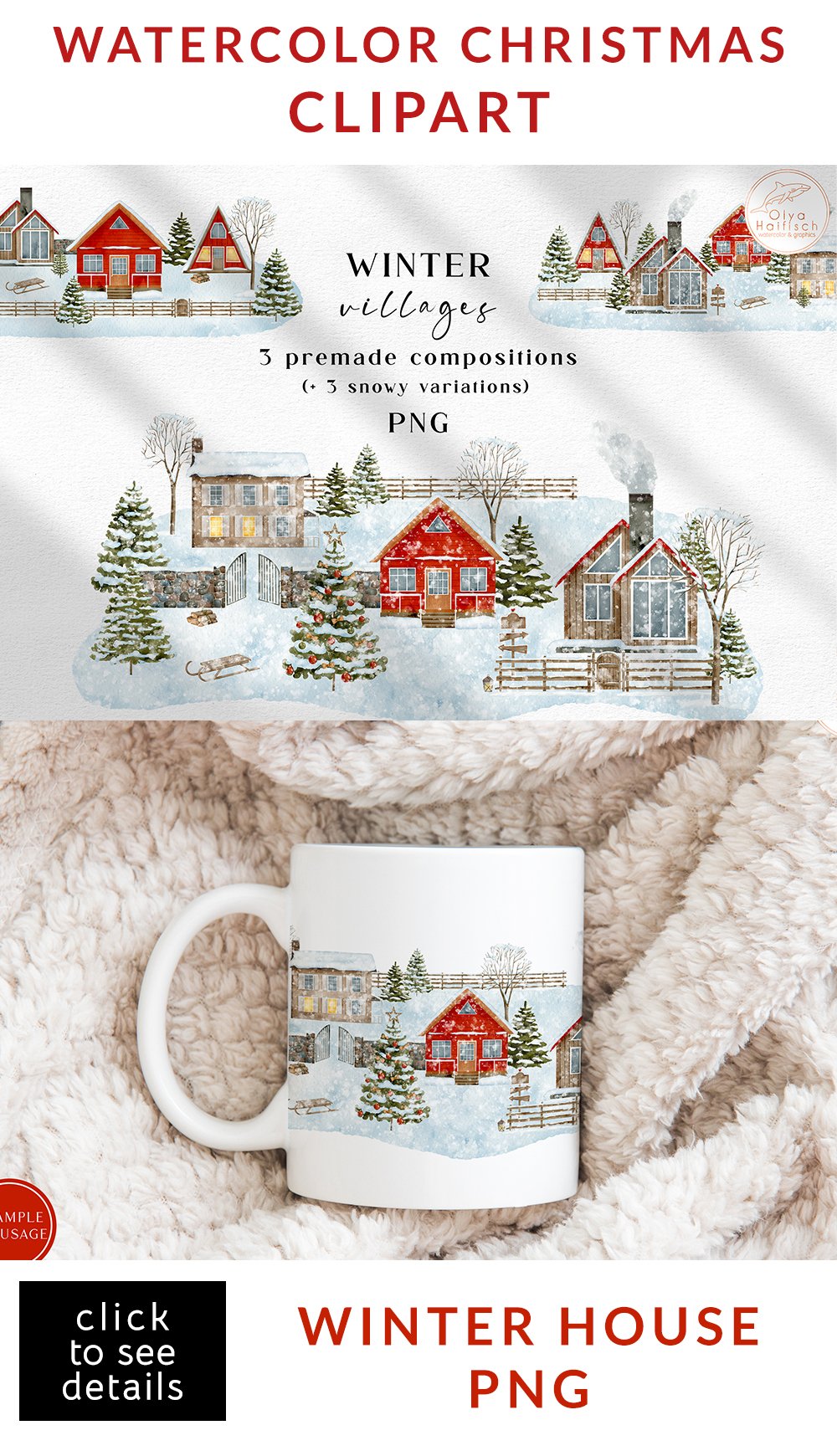 Winter Houses Clipart. Watercolor Christmas PNG