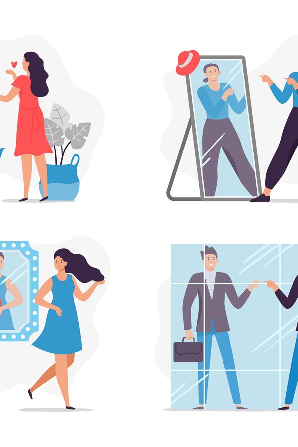 People looking in mirror. Love and proud yourself, man happy