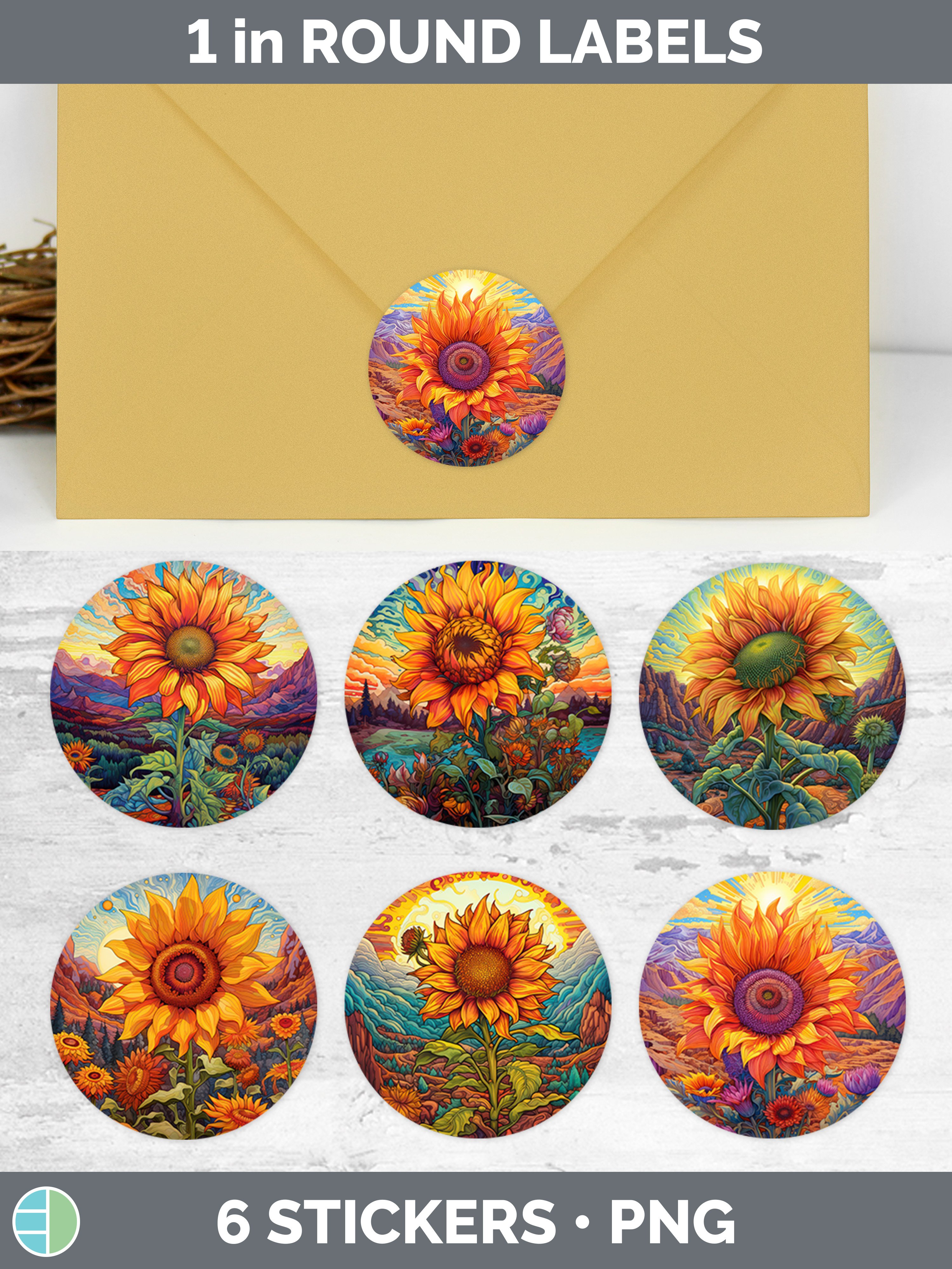 Psychedelic Sunflower Flowers Stickers | Round Labels Design