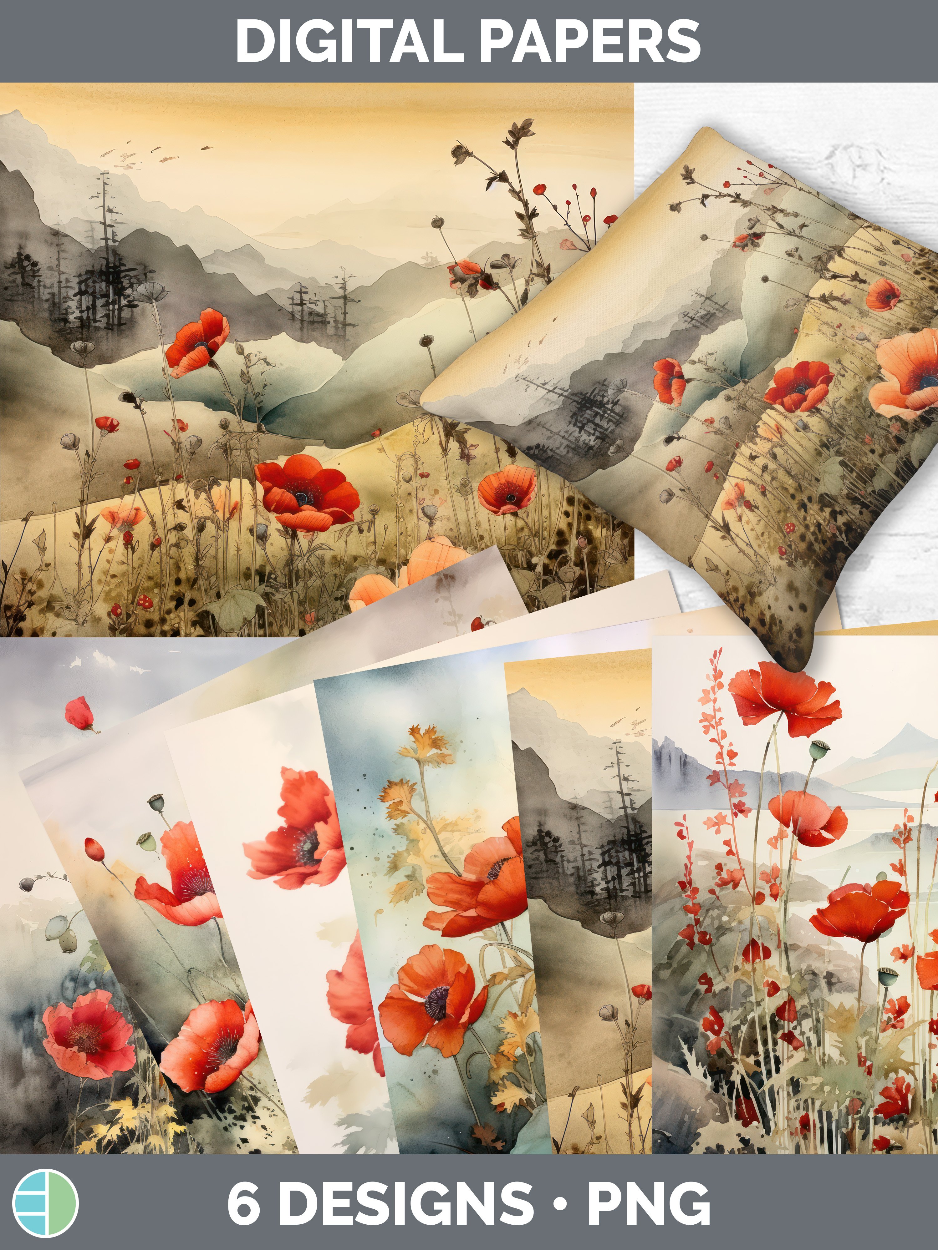 Japanese Watercolor Poppy Flowers Paper Backgrounds | Digita