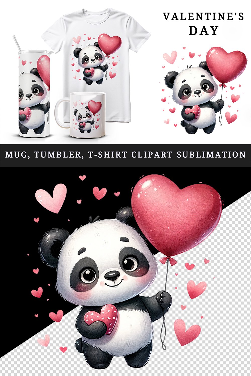 Valentine's Day panda tumbler mug wrap clipart sublimation