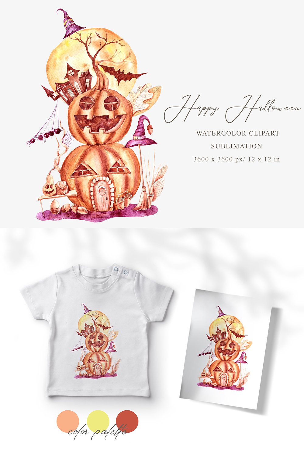 Watercolor Halloween pumpkin sublimation, digital clipart