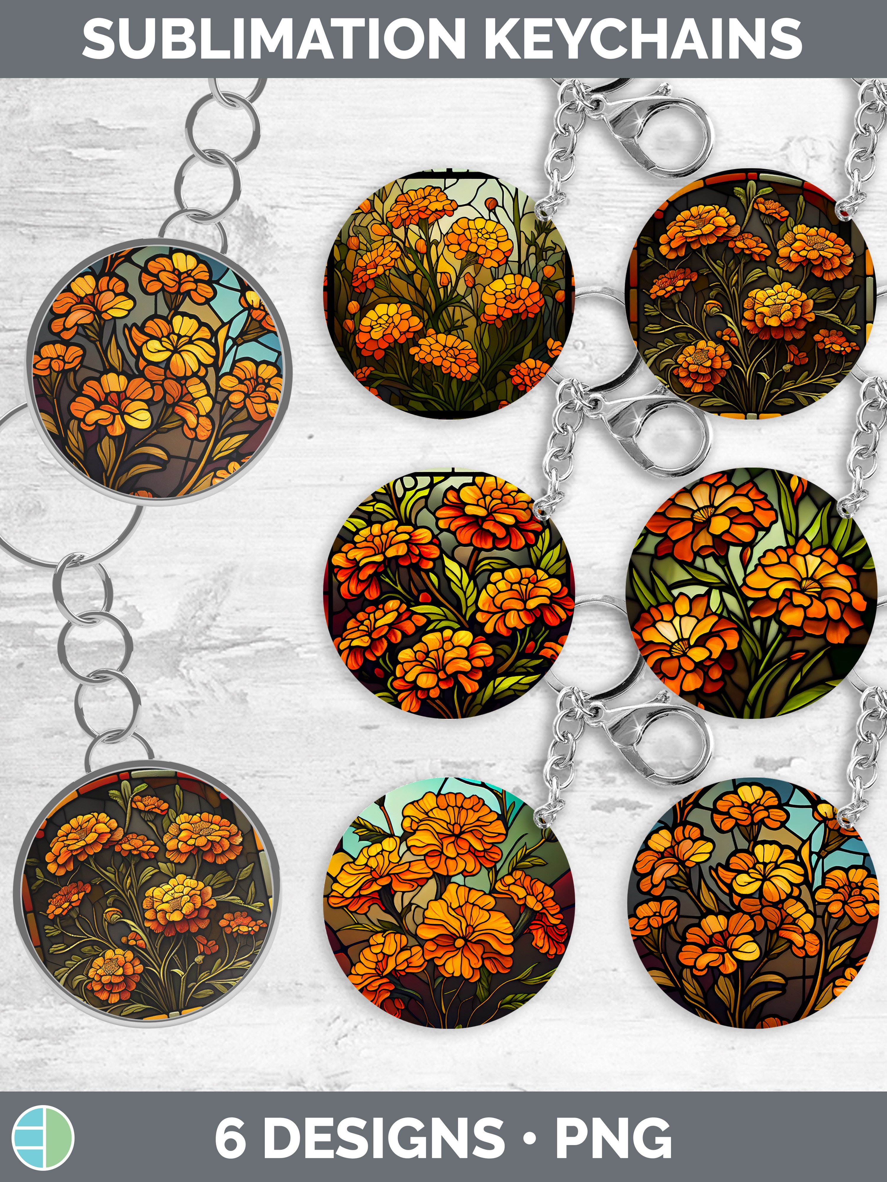 Stained Glass Marigold Flowers Keychain | Sublimation Keyrin