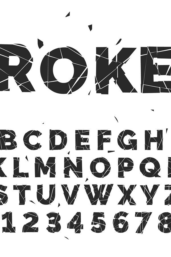 Broken alphabet. Crash font, capital latin letters and numbe