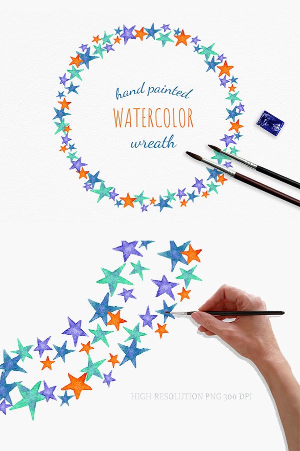 Watercolor star wreath clipart, bright star frame, border