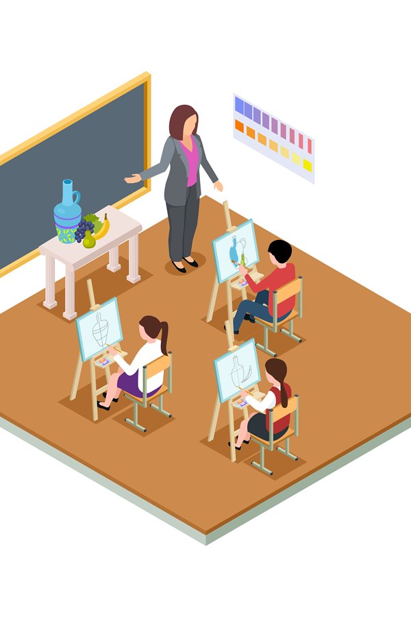 Art therapy session. Kids drawing class, children paint and