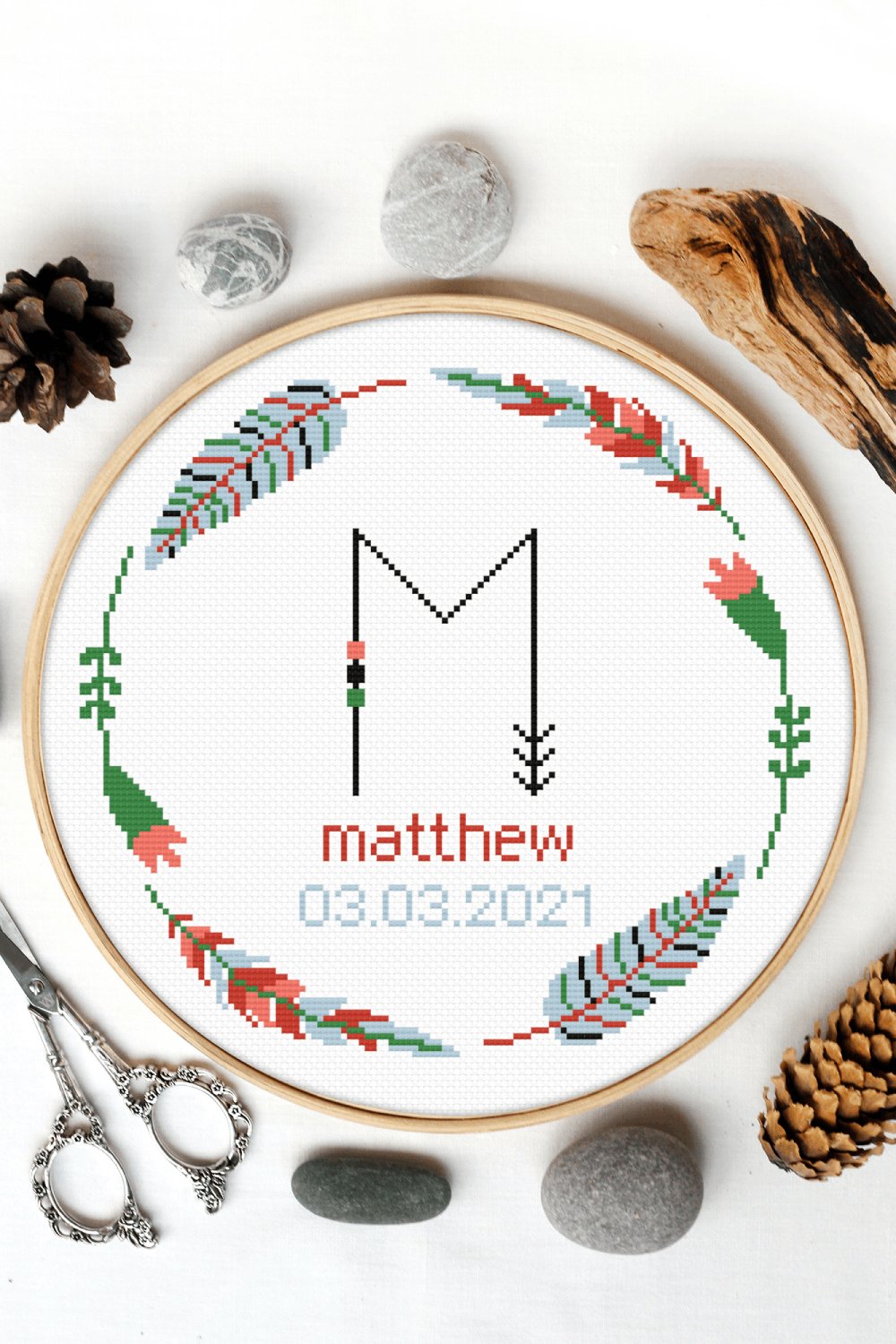 Feathers wreath Custom name Baby birth record cross stitch