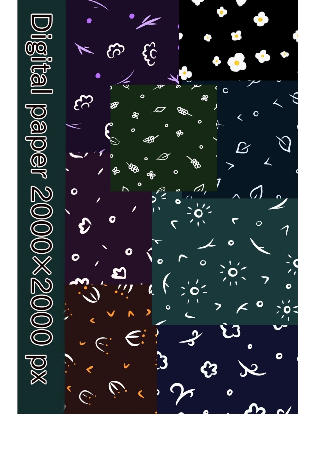 Digital seamless paper set, floral pattern on dark backdrop