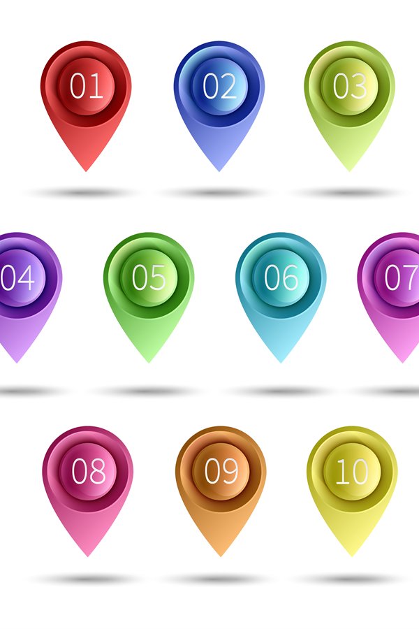 GPS pins. Map pointer set. Travel destinations location tag.