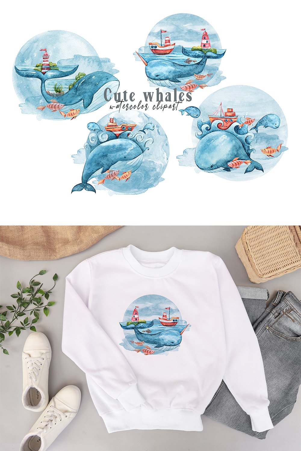 Nautical cute watercolor whale clipart -4 png files