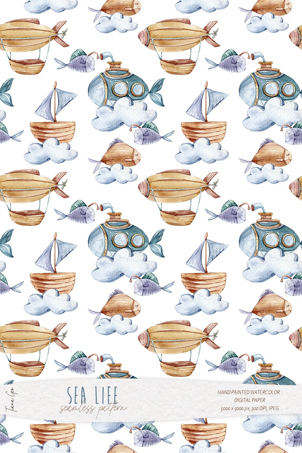 Watercolor nautical seamless patterns. Digital paper pack
