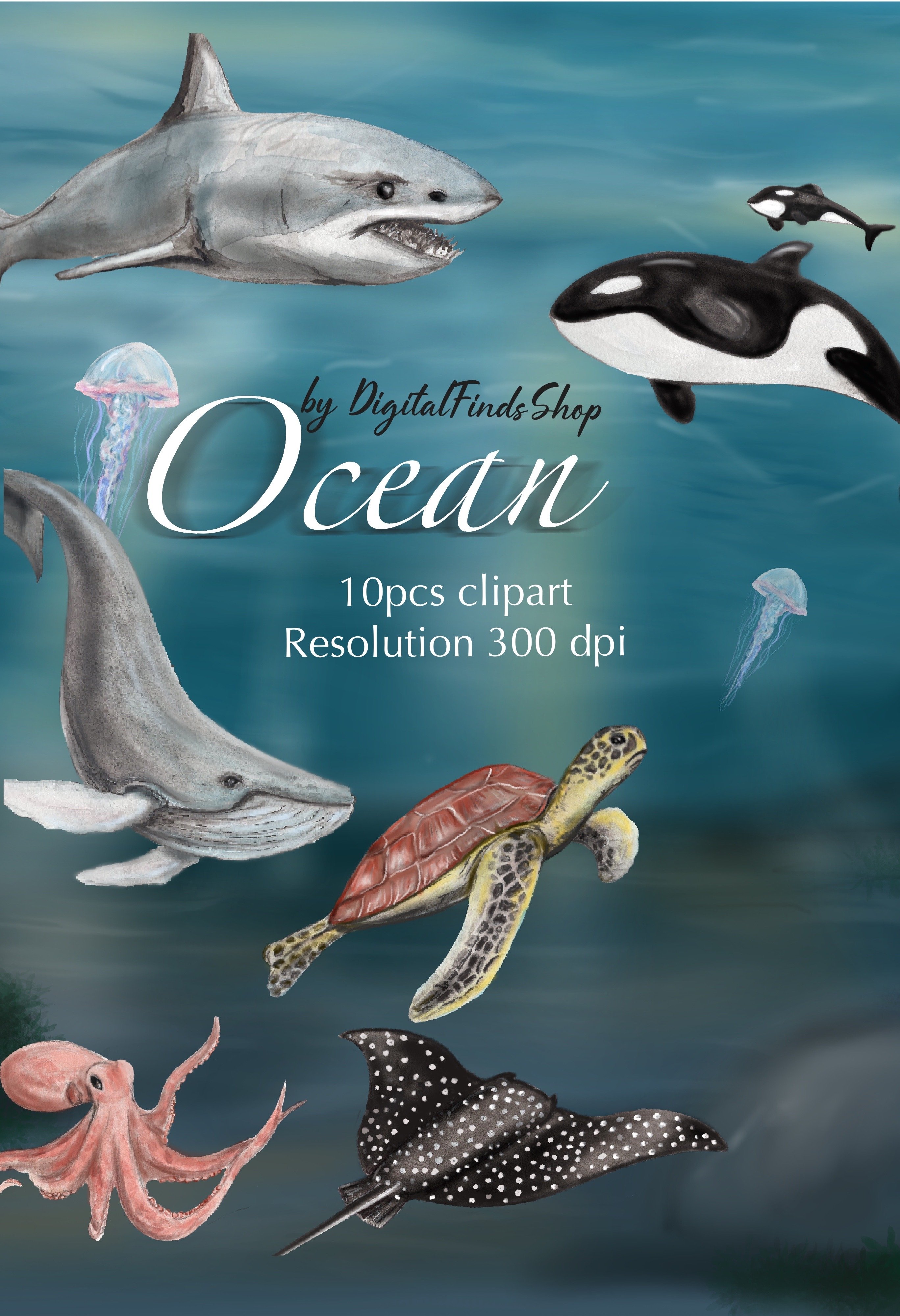 Ocean clipart, sea animals clipart, watercolor ocean