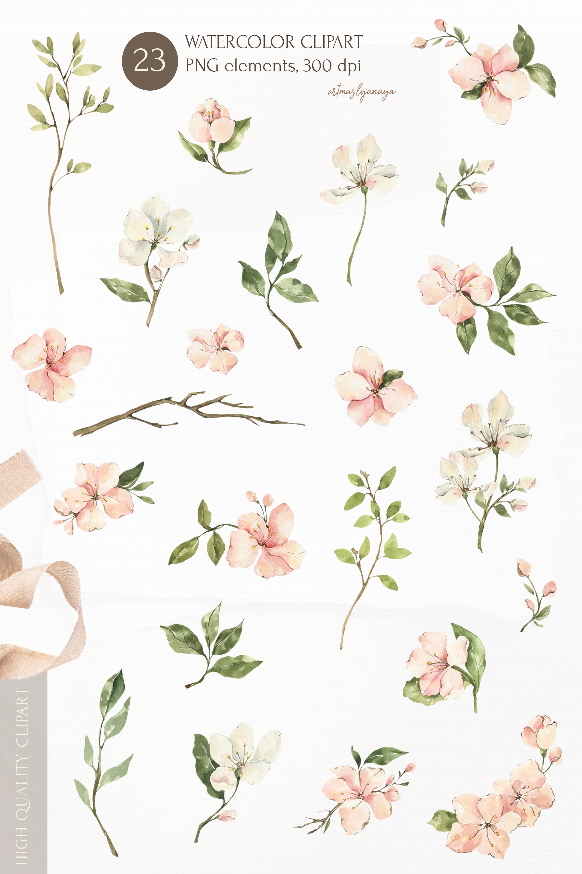 Watercolor Spring blooming clipart. Floral apple blossom.