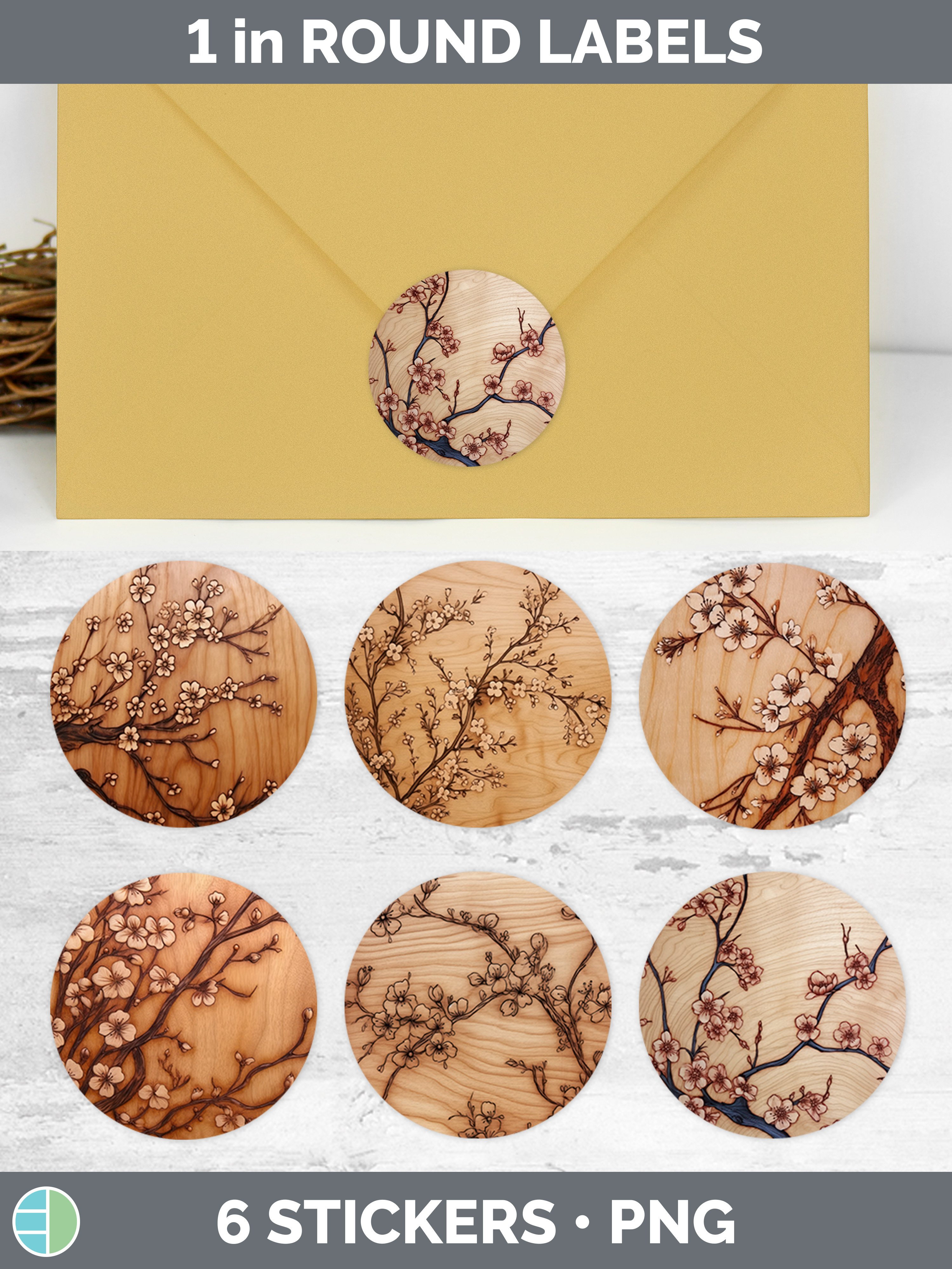Wood Burned Cherry Blossom Flowers Stickers | Round Labels D