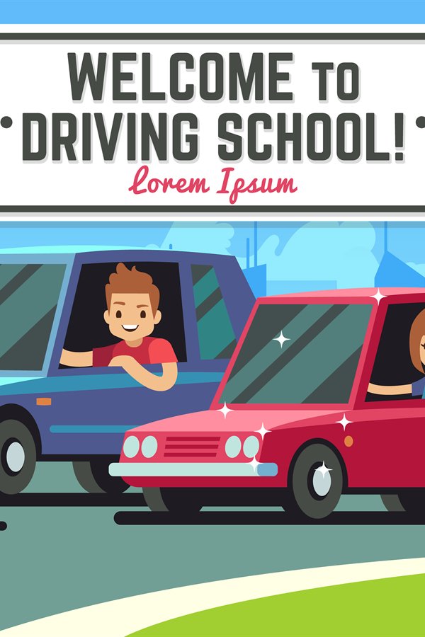 Driving school vector background with young happy driver in