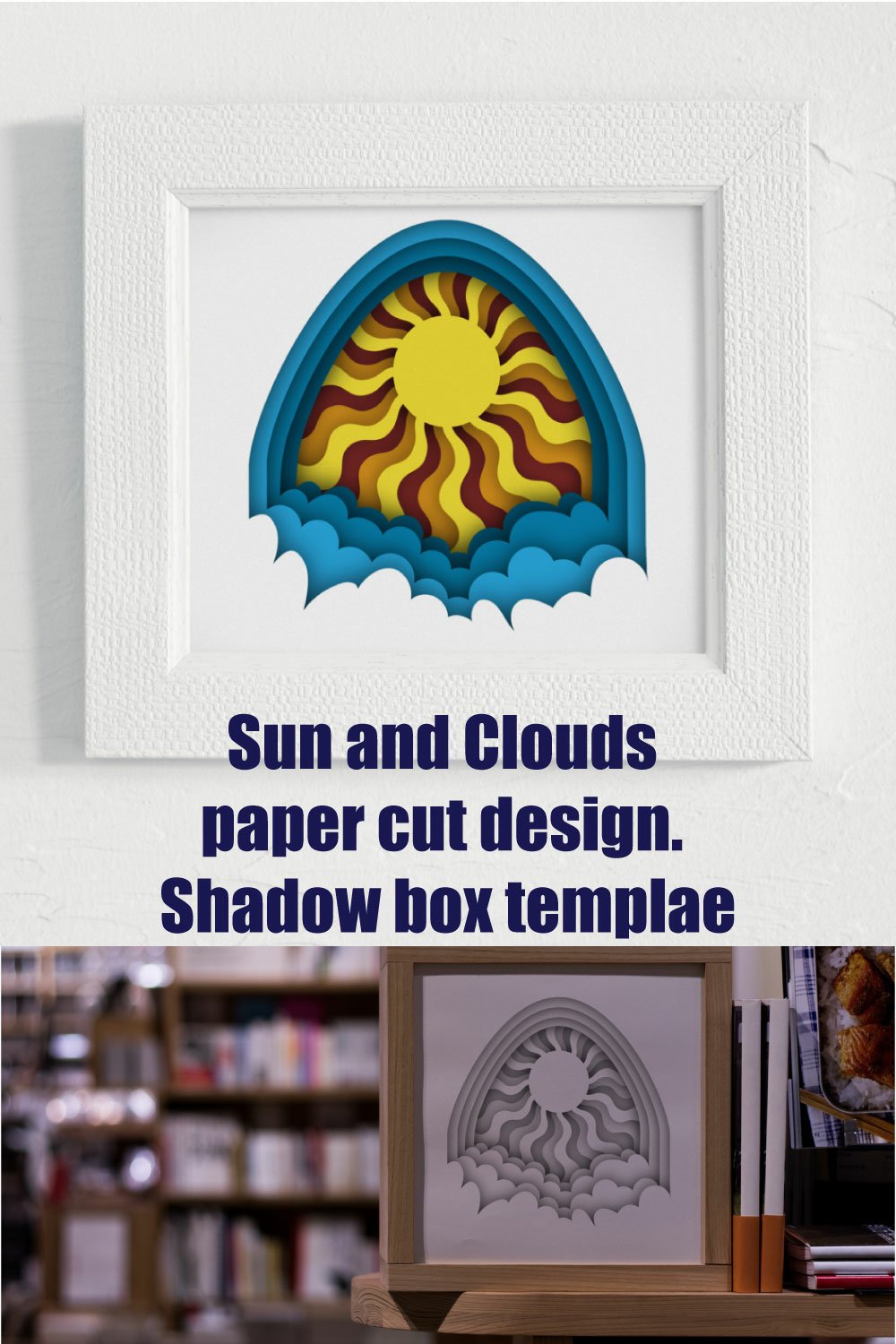 Sun and clouds paper cut design. Summer Shadow box template