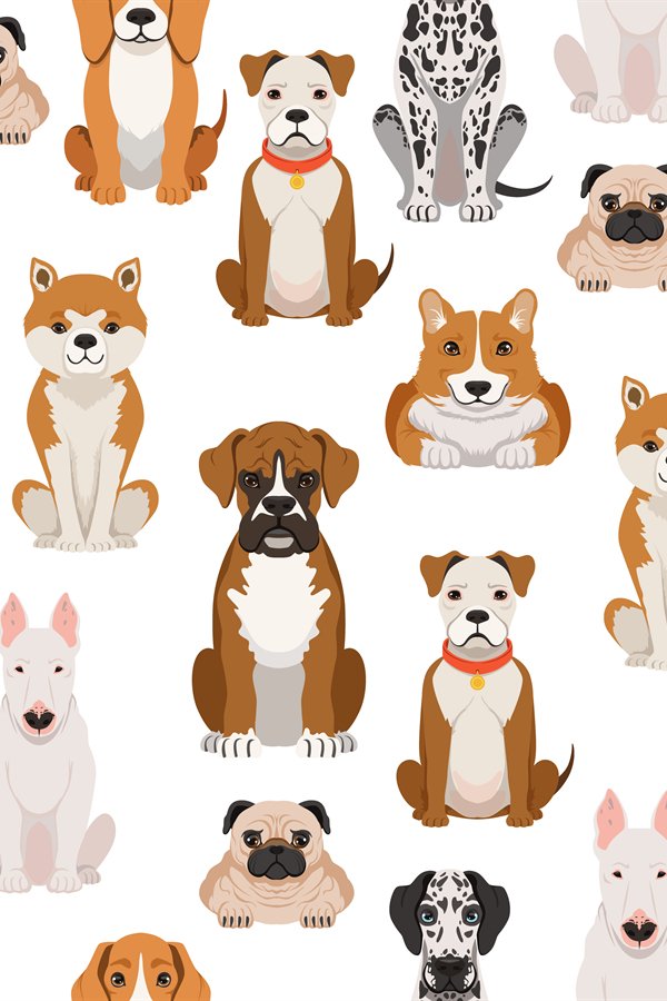 Different dogs in cartoon style. Vector seamless pattern