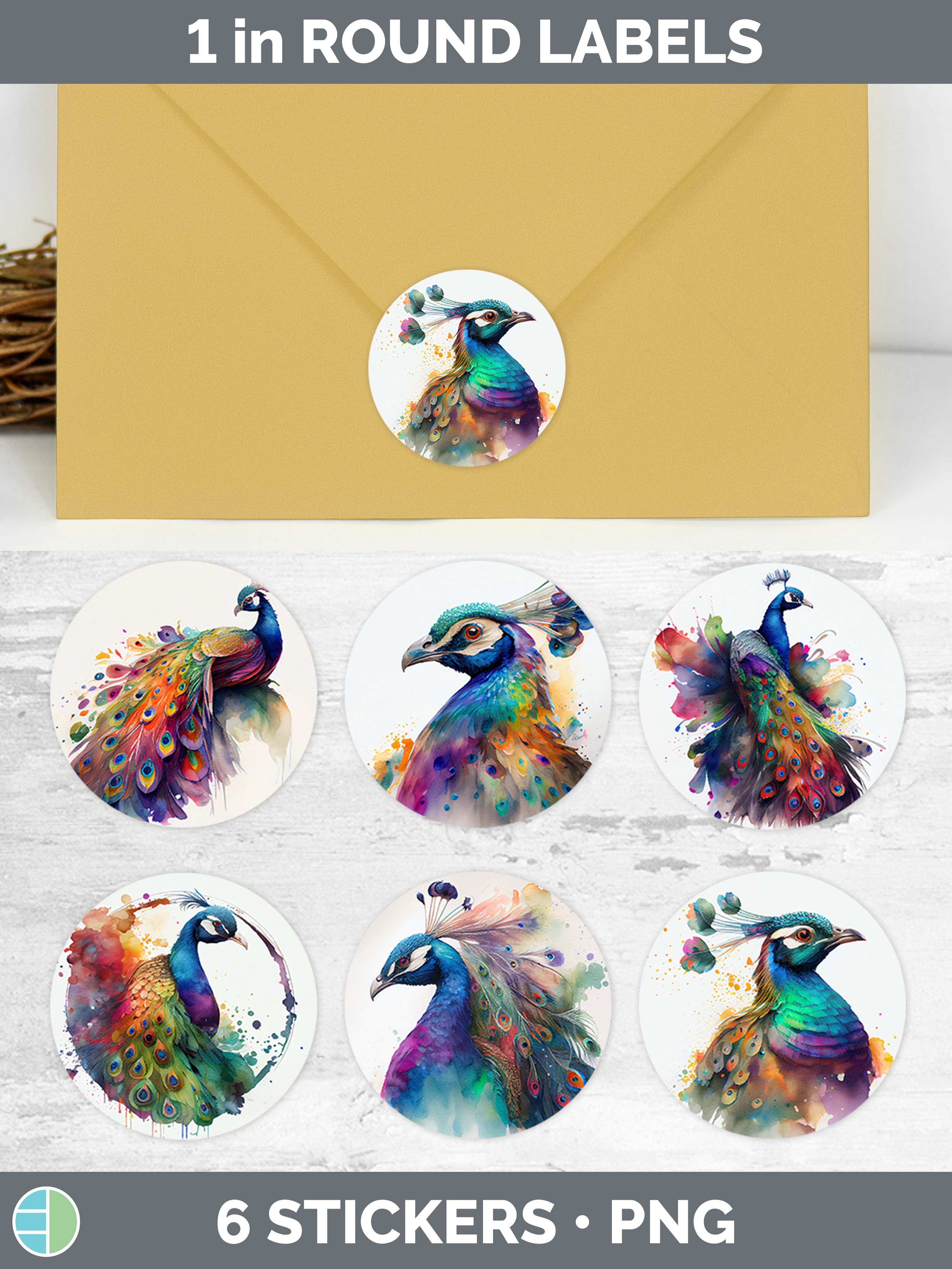 Rainbow Peacock Stickers | Sticker 1in Round Labels PNG Desi
