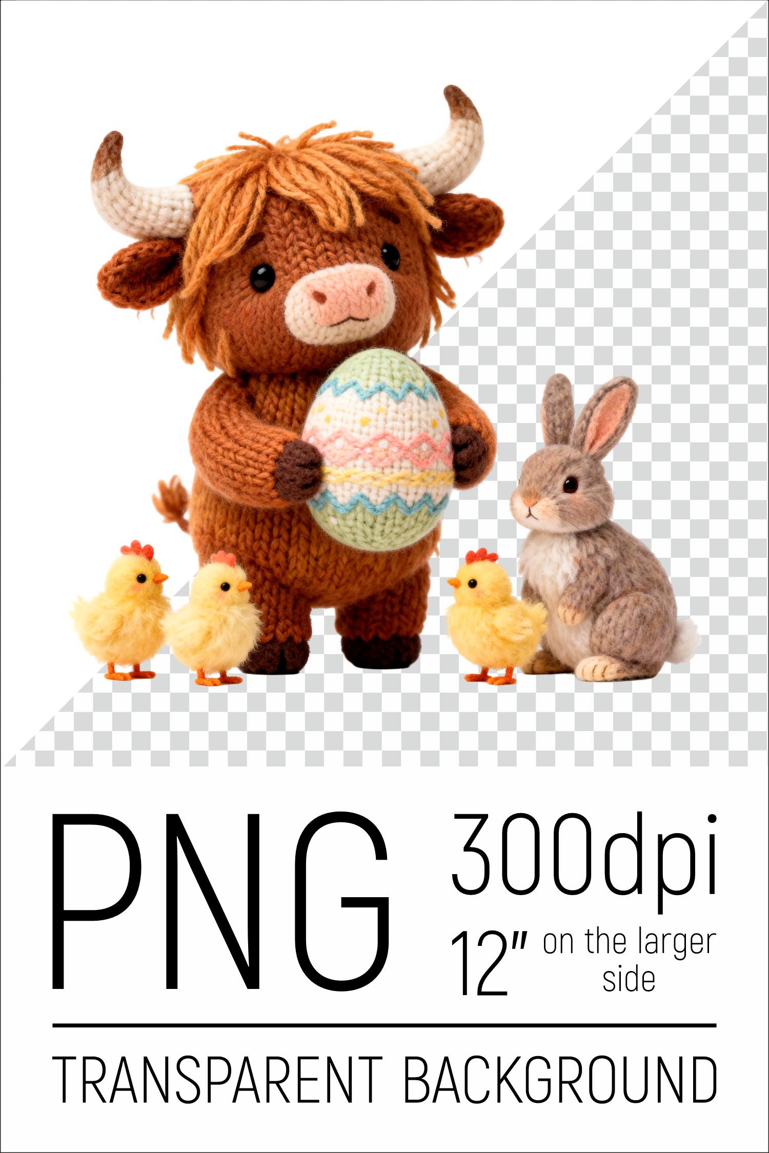 Cute Knitted Highland Cow with Easter Egg Clipart