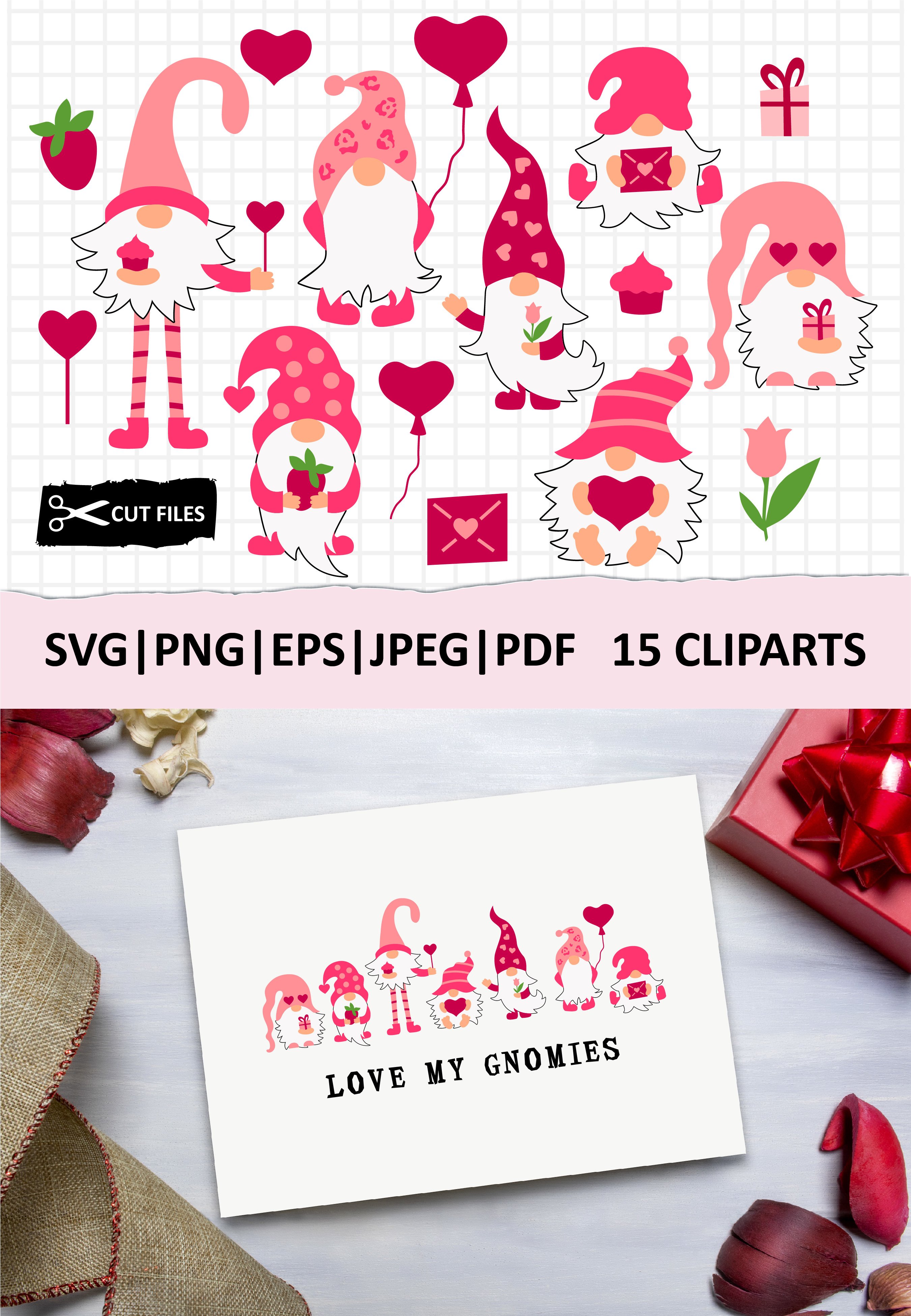 7 Valentine cute gnomes cliparts, SVG files