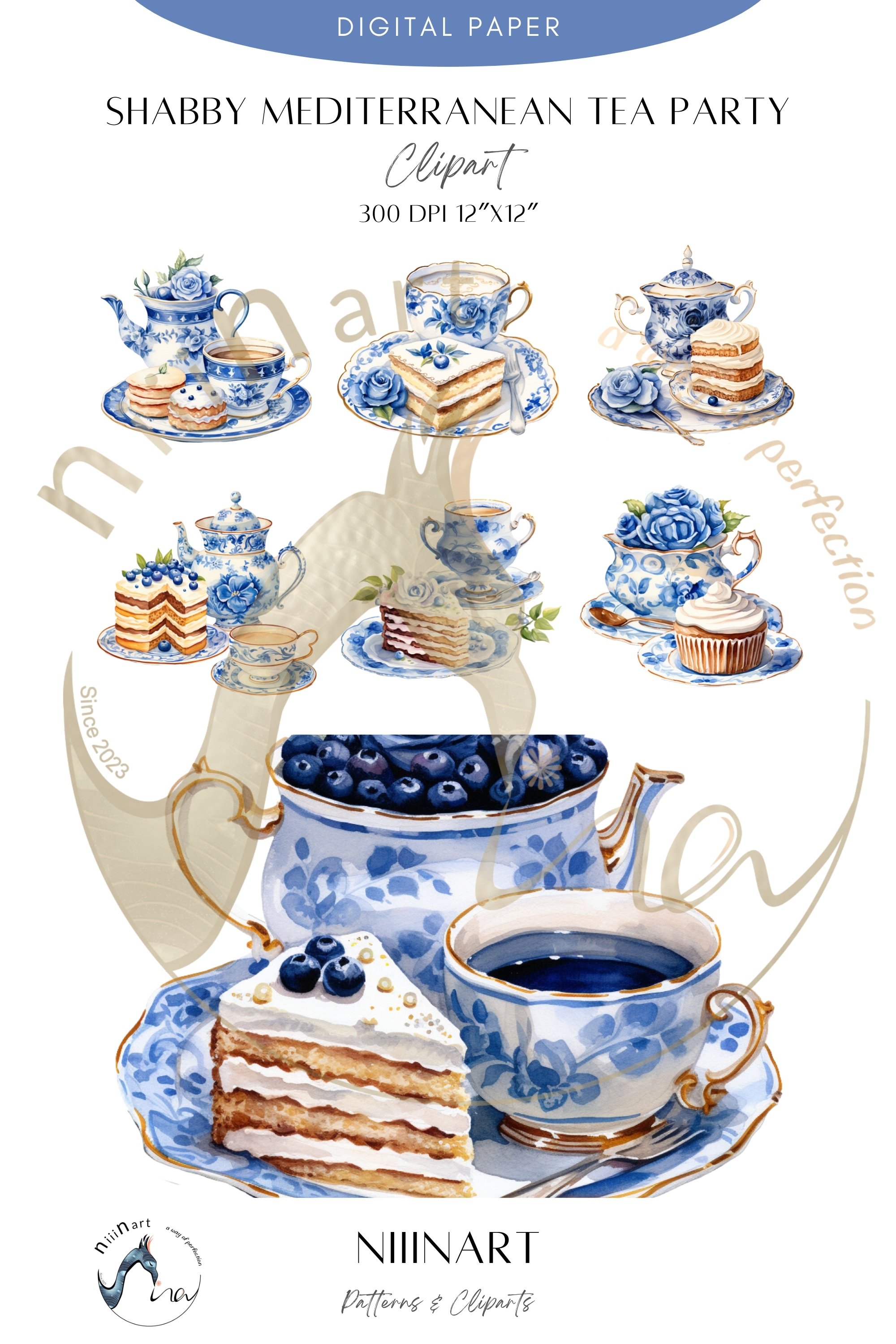 Mediterranean Tea Party Clipart, Blue Floral Tea Set PNG