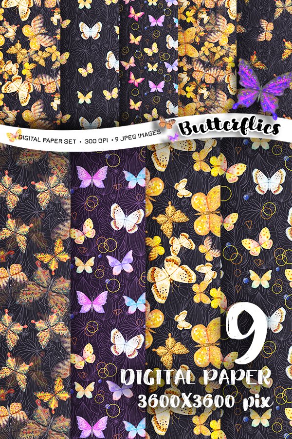9 digital paper with watercolor butterflies on black.