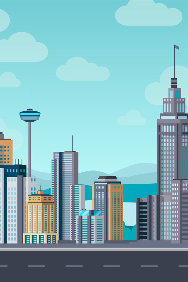 Flat cityscape. Skyscraper modern buildings city office cent
