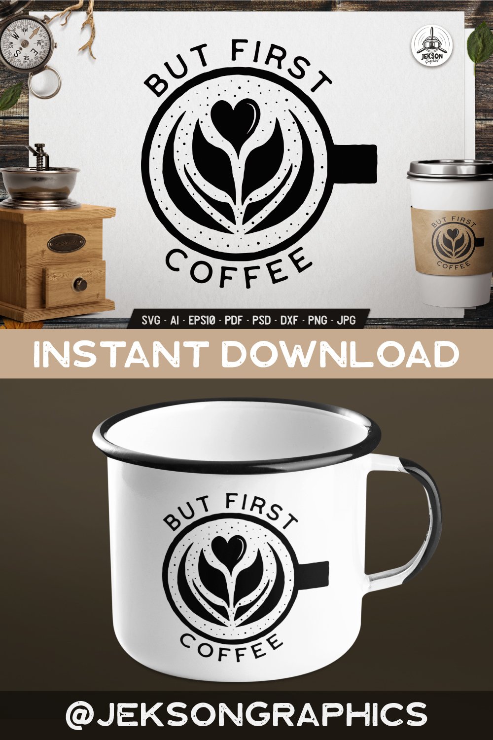But First Coffee SVG Silhouette Cut File with Coffee Art