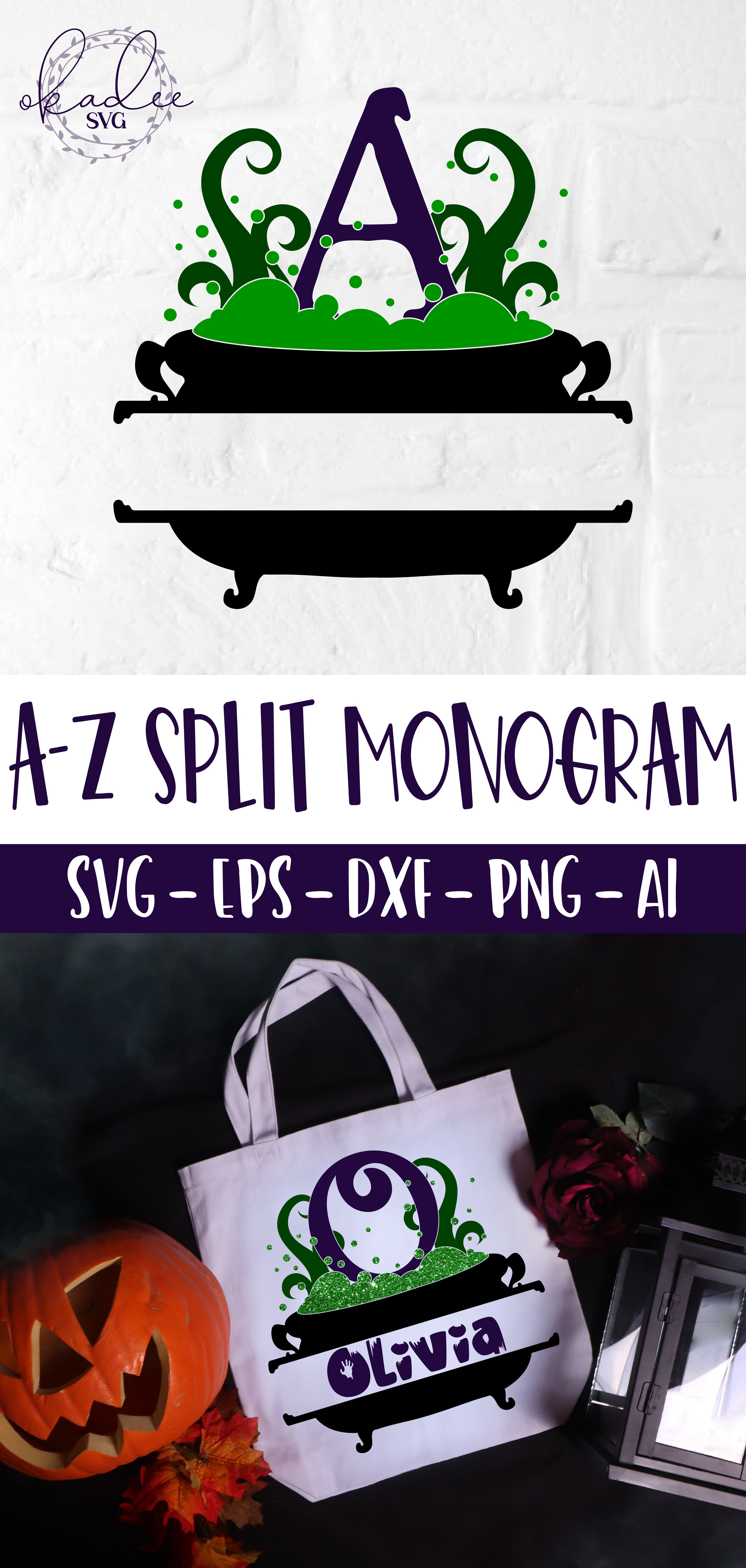 Halloween Split Monogram A-Z, Cauldron Monogram, SVG, PNG
