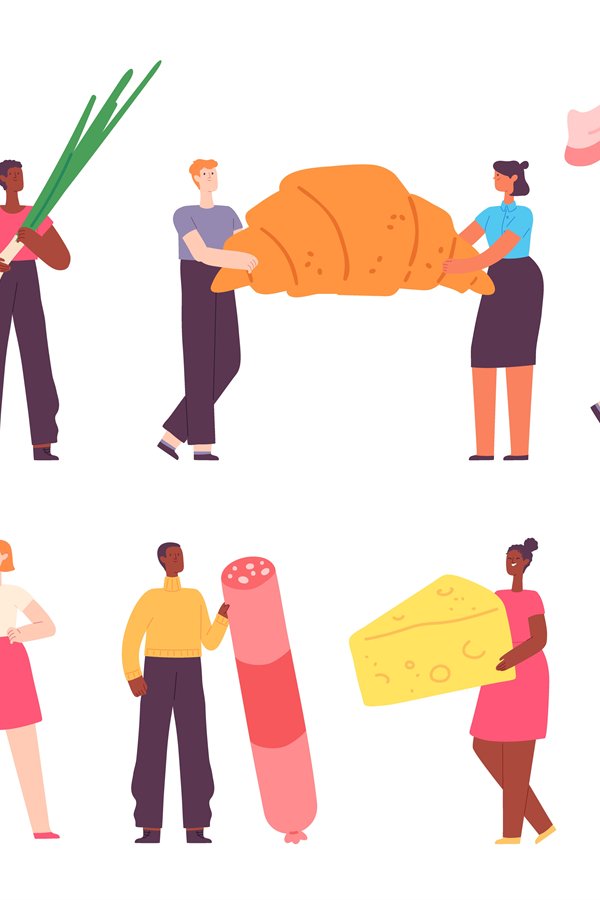 Tiny characters with food. People with grocery shop products