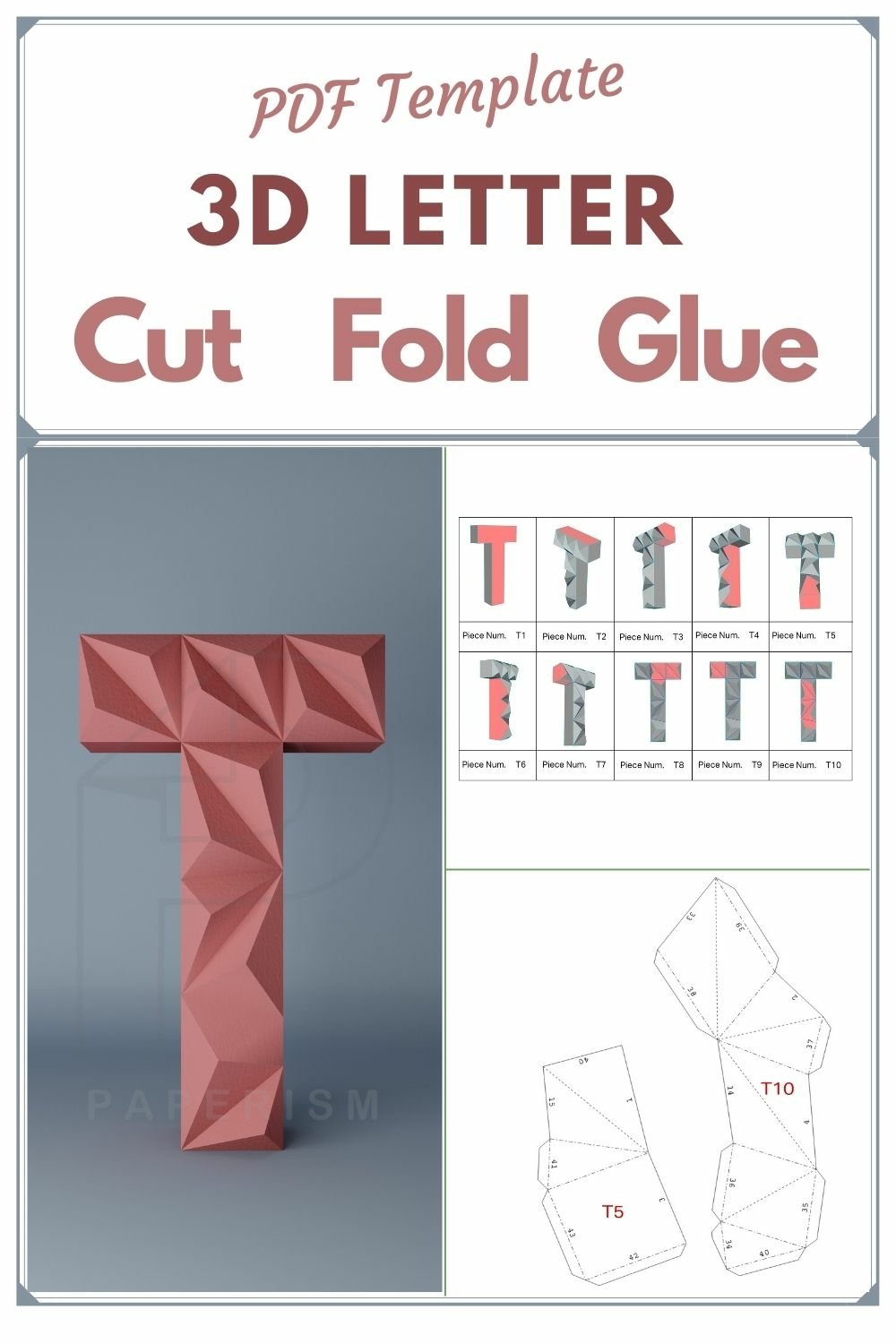 T Letter Papercraft, 3d Alphabet, DIY pdf template, low poly
