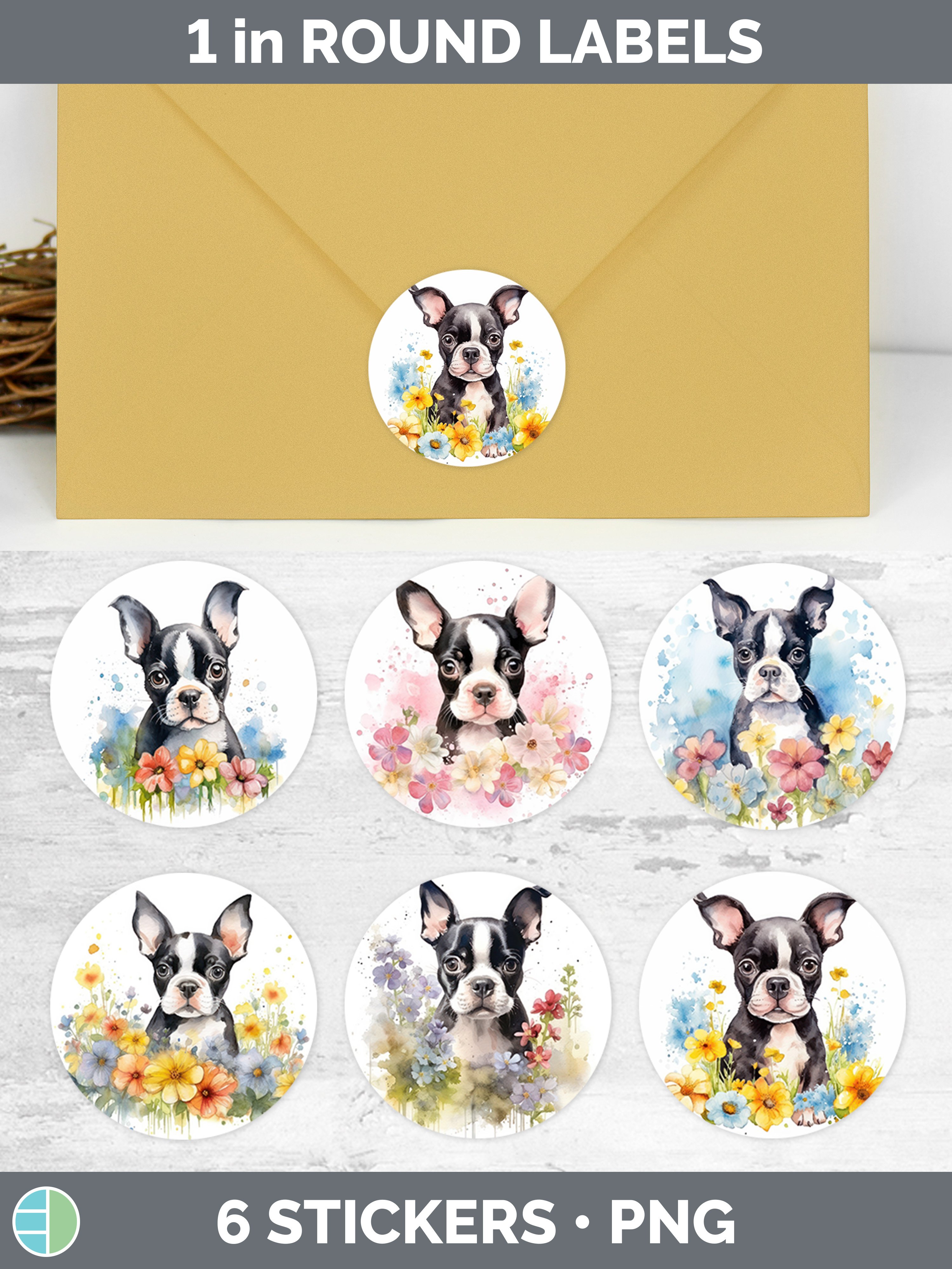 Watercolor Boston Terrier Dog Stickers | Round Labels Design