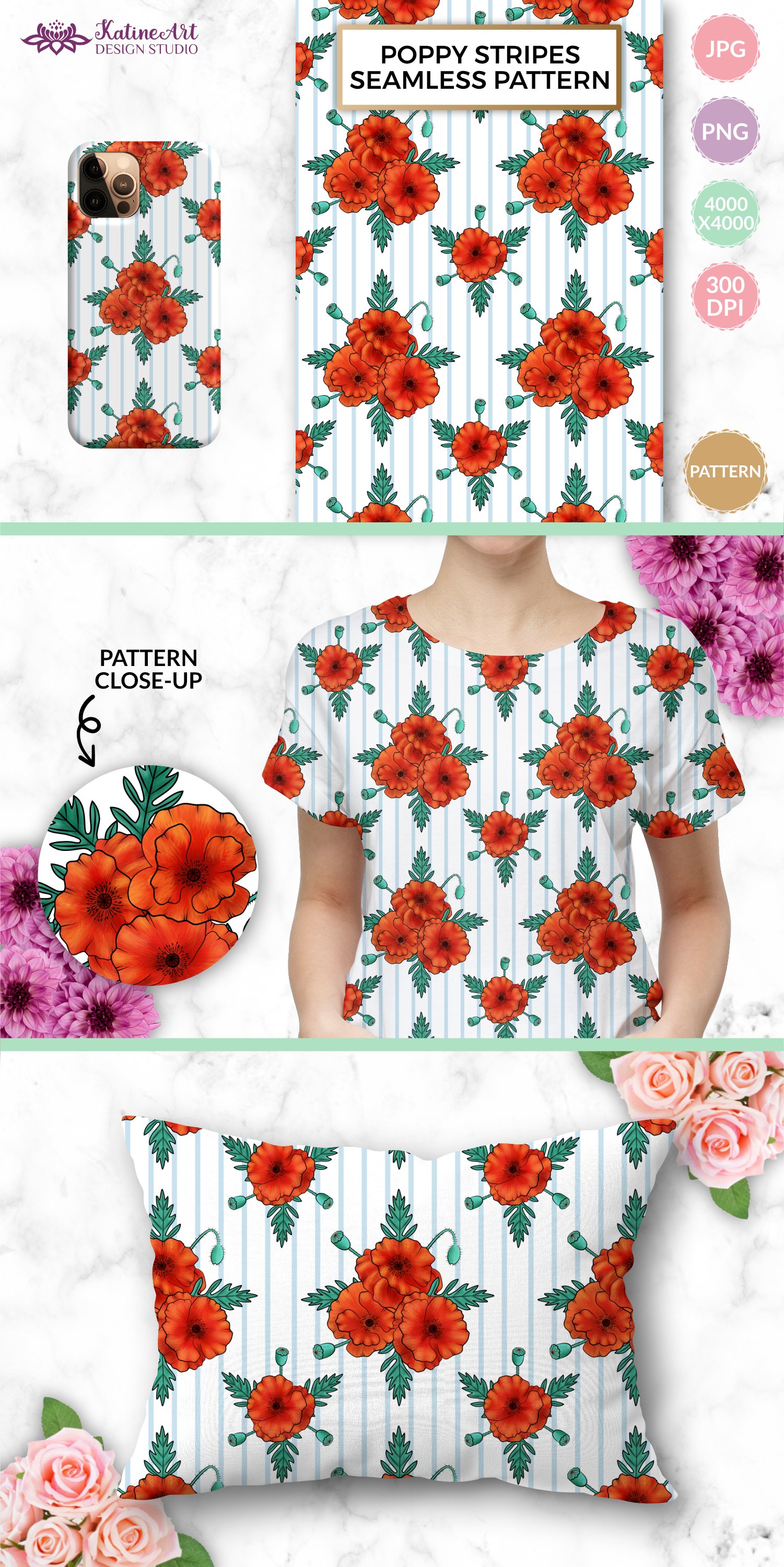 Poppy pattern with stripes Floral Seamless Pattern