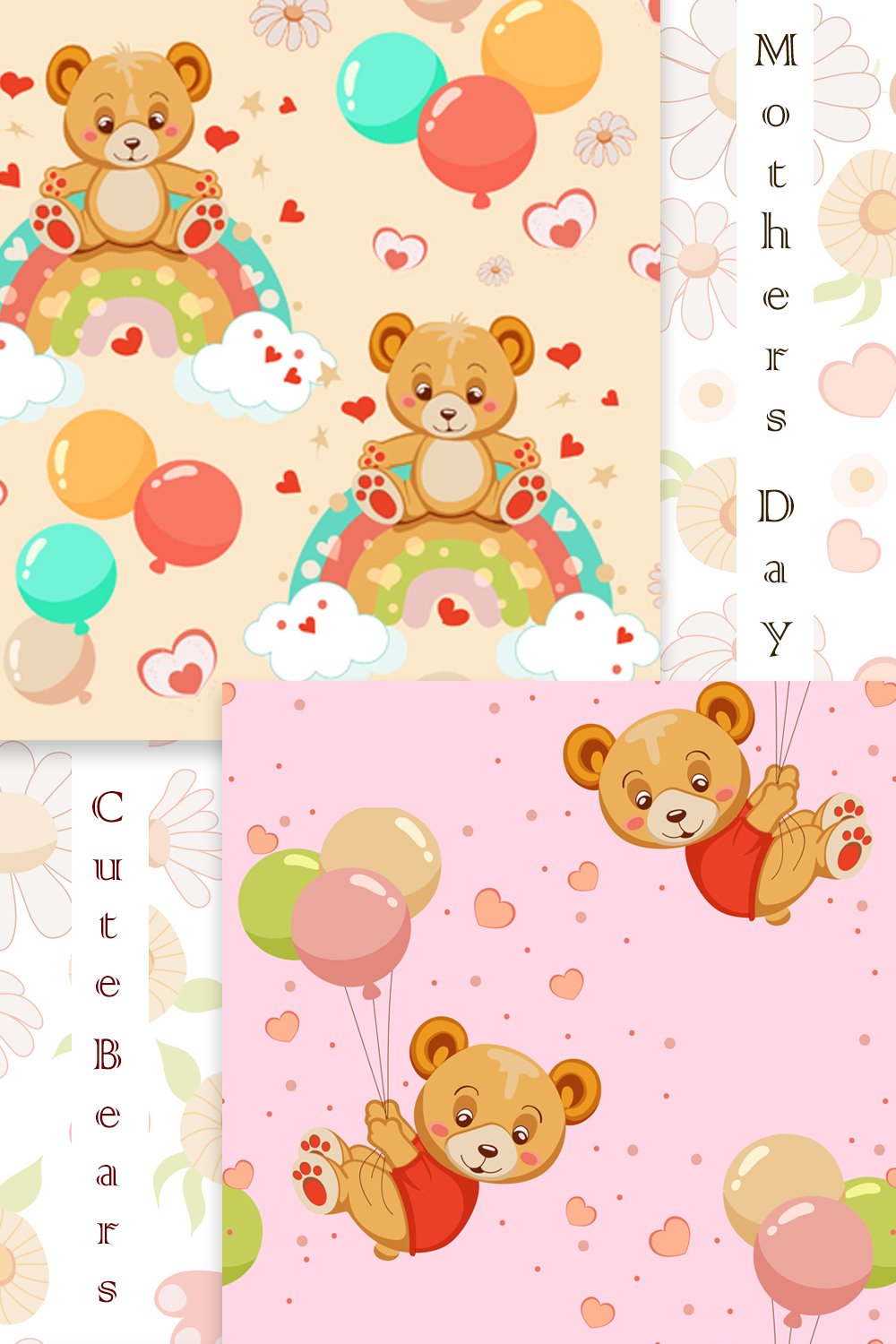 Mother's Day Digital Paper. Seamless Patterns. Teddy Bears
