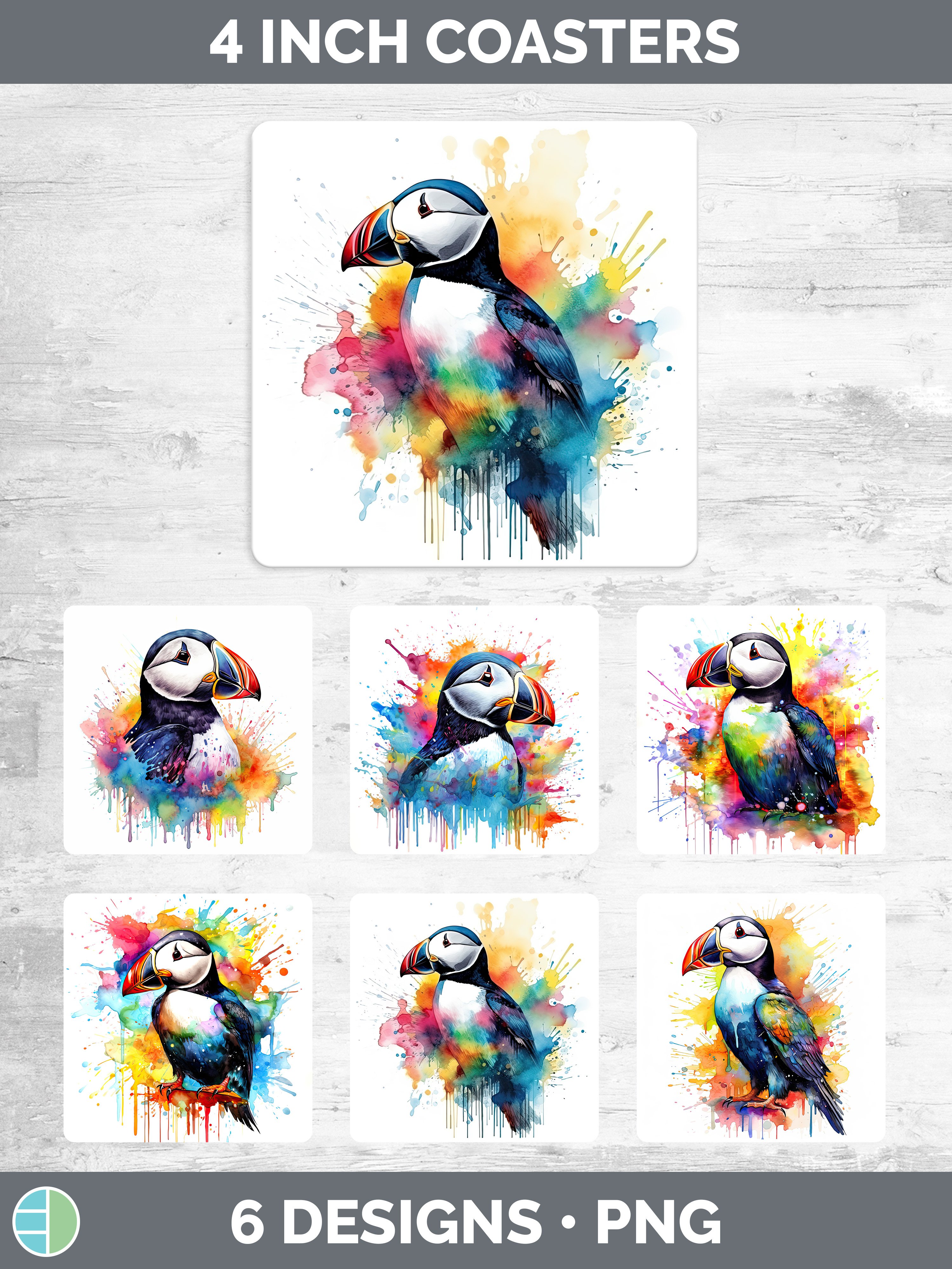 Rainbow Puffin Bird Square Coaster | Sublimation Coaster Des