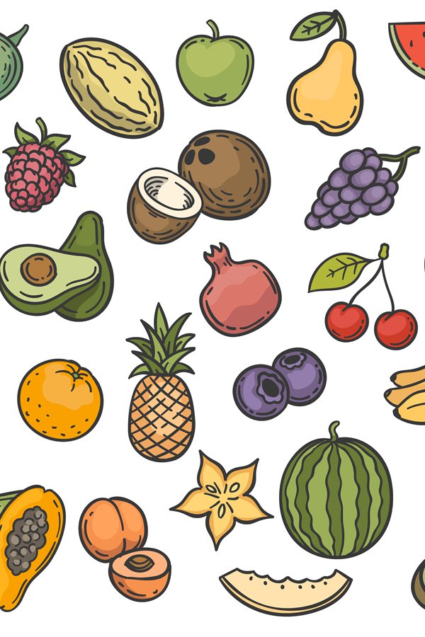 Sketch fruits. Hand drawn color fruits apple, orange and lem