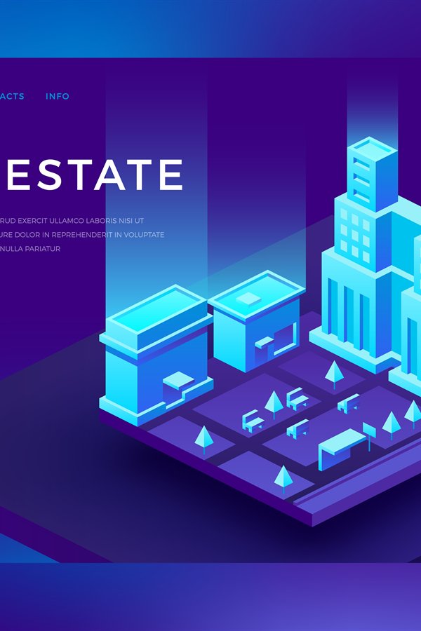 Real estate web site design with 3d isometric buildings. Sma